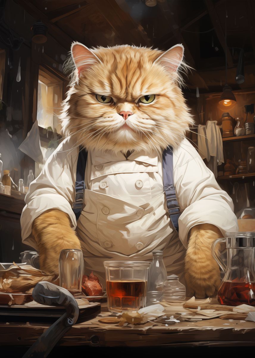 'big fat chef cook cat' Poster, picture, metal print, paint by ...