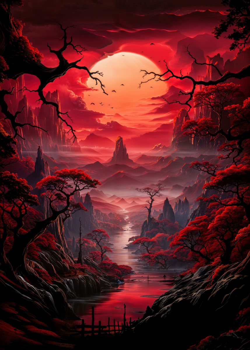 'Red Japanese Nature Art' Poster, picture, metal print, paint by ...