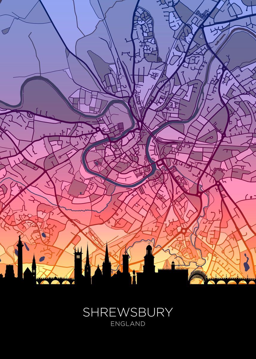 'Shrewsbury Skyline Map' Poster, picture, metal print, paint by Michael ...