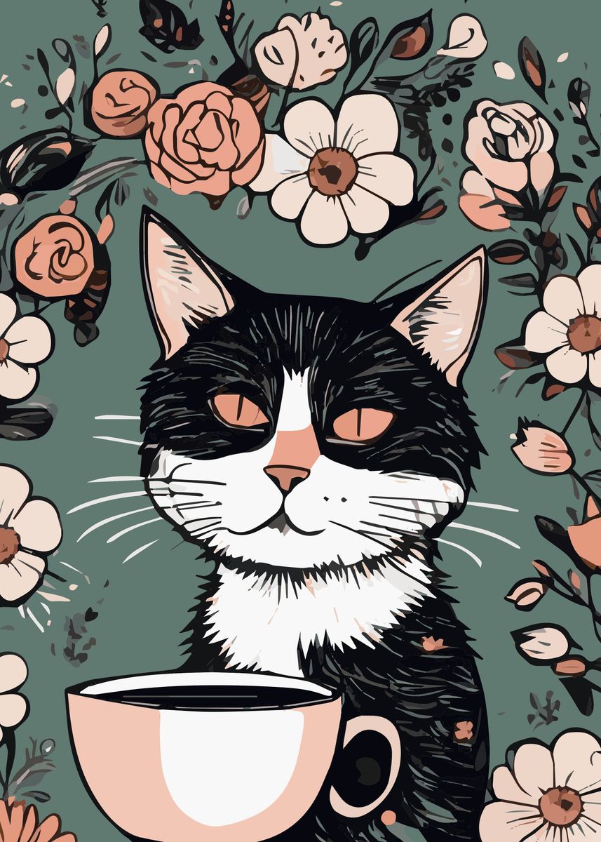'Cat Coffee Flowers 4' Poster, picture, metal print, paint by Maricris ...