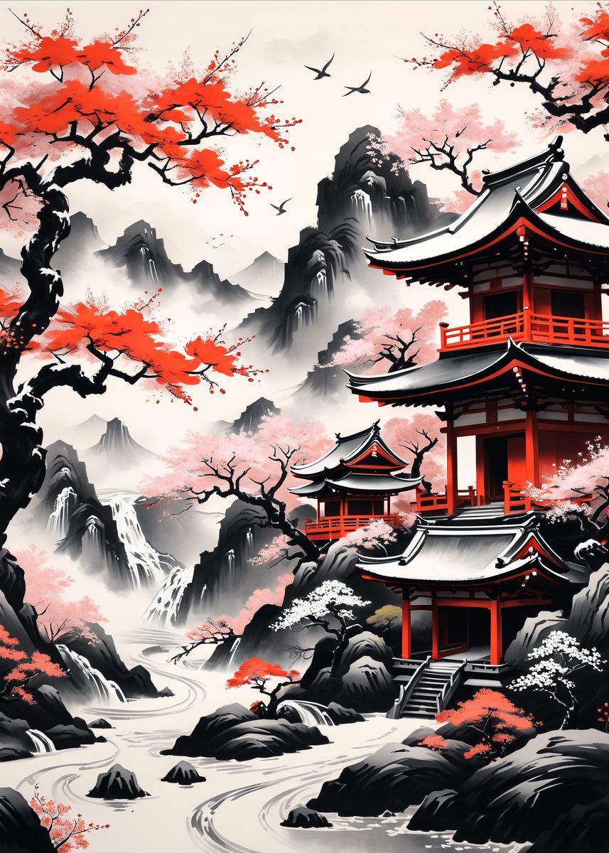 'Japanese Temple Ink Wash' Poster, picture, metal print, paint by ...