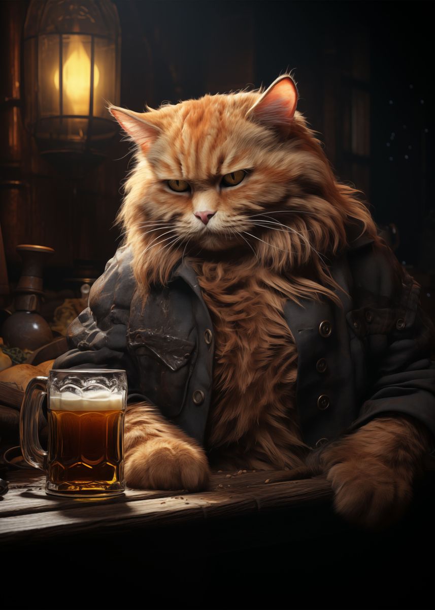 'Beer Cat' Poster, picture, metal print, paint by Nerdworld 1 | Displate