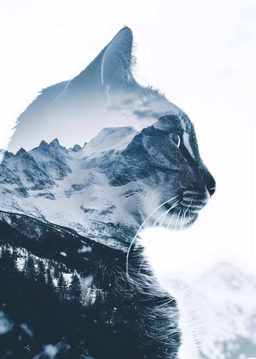 'Winter Cat Double Exposure' Poster, picture, metal print, paint by ...