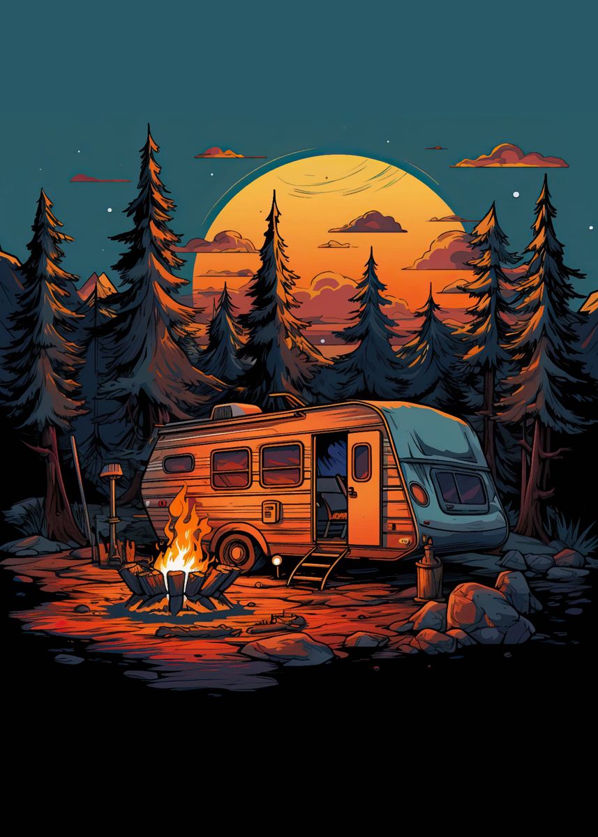 'The Mountain Campfire ' Poster, picture, metal print, paint by Mariano Mayert | Displate