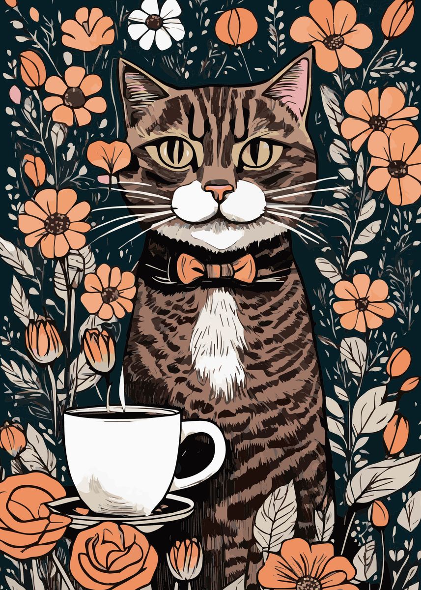'Cat Coffee Flowers 10' Poster, picture, metal print, paint by Maricris ...