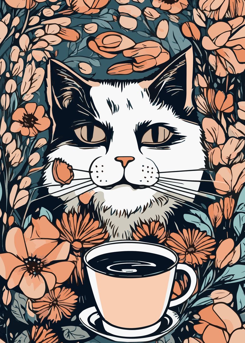 'Cat Coffee Flowers 9' Poster, picture, metal print, paint by Maricris ...