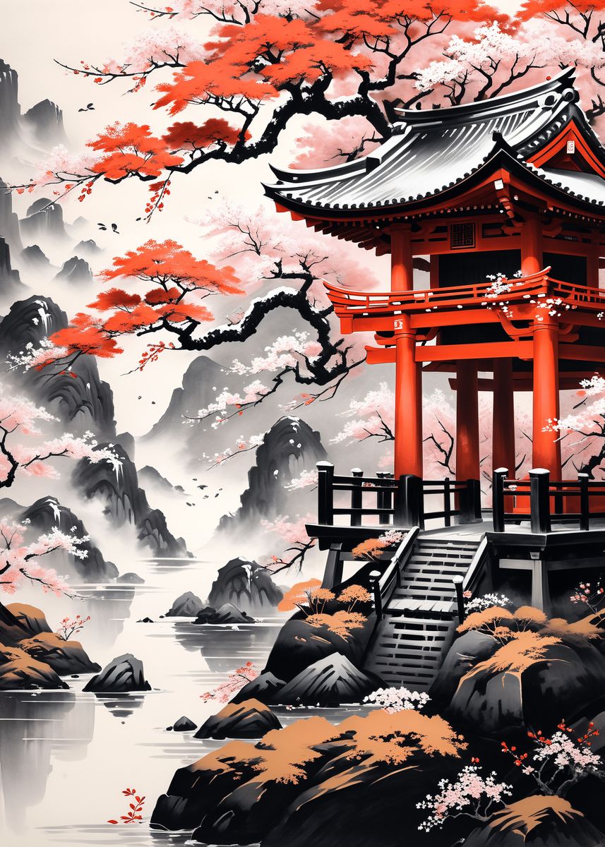 'Japanese Temple Ink Wash' Poster, picture, metal print, paint by ...