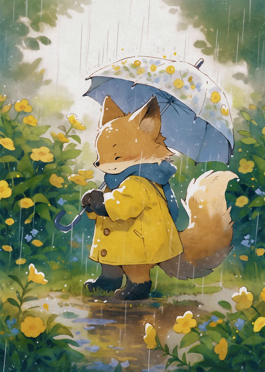 'Cute fox under rain' Poster, picture, metal print, paint by Alexandra ...