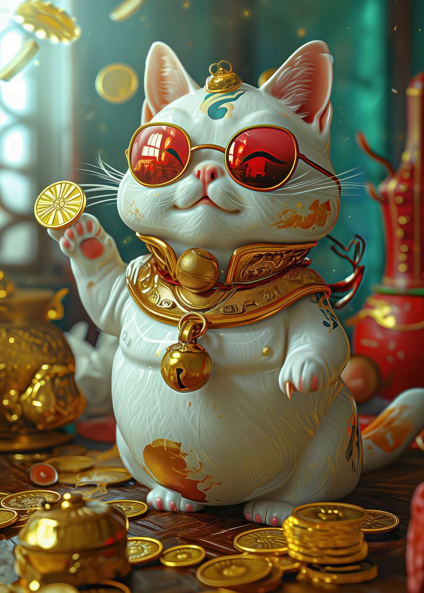 'Cool Lucky Cat' Poster, picture, metal print, paint by Cardo | Displate