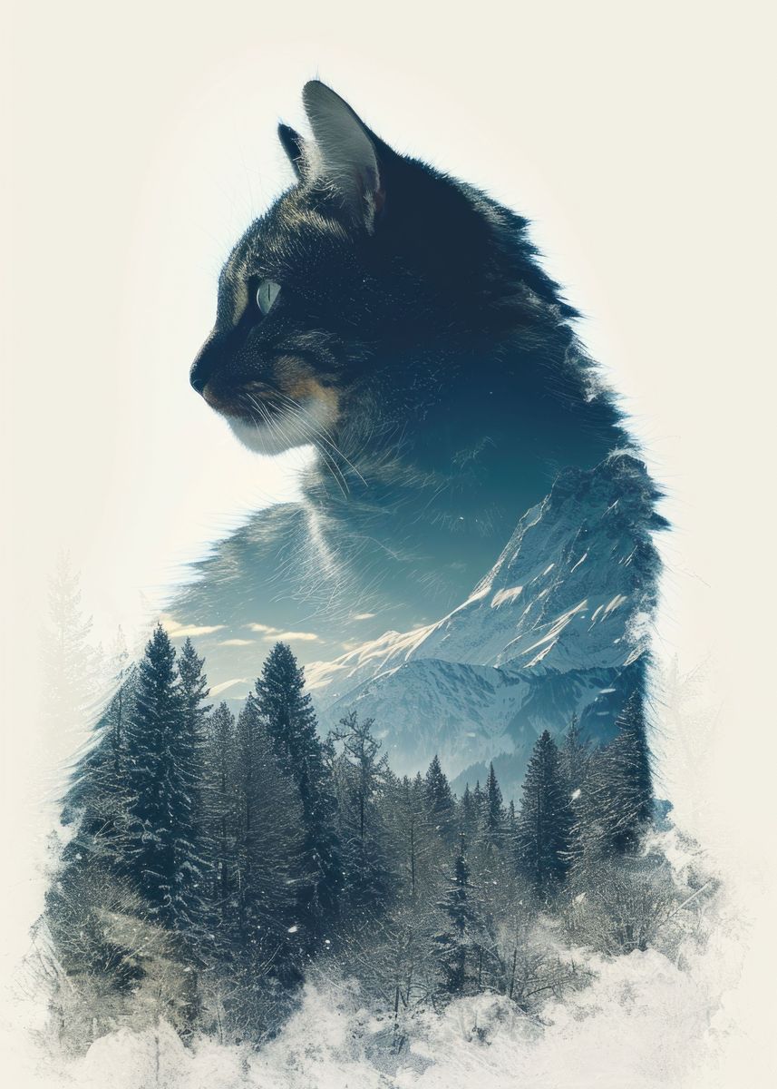 'Cat Double Exposure' Poster, picture, metal print, paint by Jan | Displate