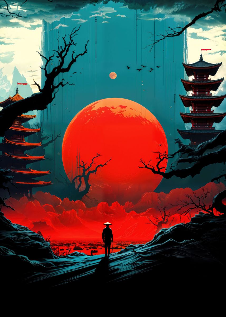 'Red Moon Japan Night' Poster, picture, metal print, paint by Lootprint ...