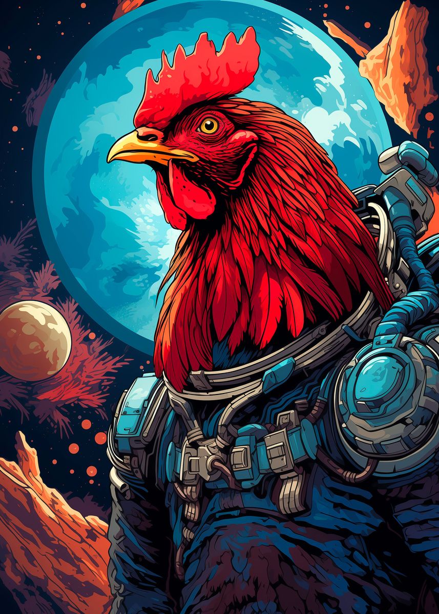 'Rooster Astronaut' Poster, picture, metal print, paint by Jacmine ...
