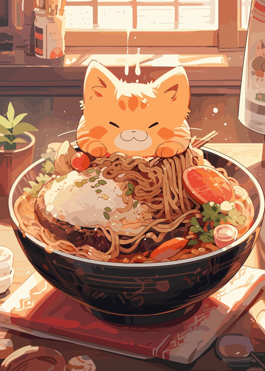 'Ramen Cat' Poster, picture, metal print, paint by PosterSociety | Displate