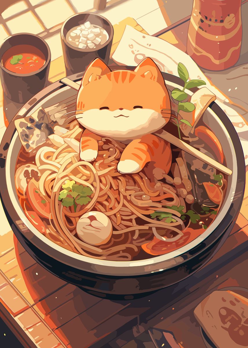 'Ramen Cat' Poster, picture, metal print, paint by PosterSociety | Displate