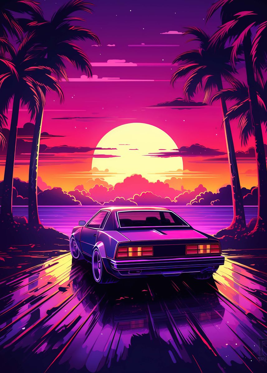 'Synthwave Retro Car Sunset' Poster, picture, metal print, paint by ...