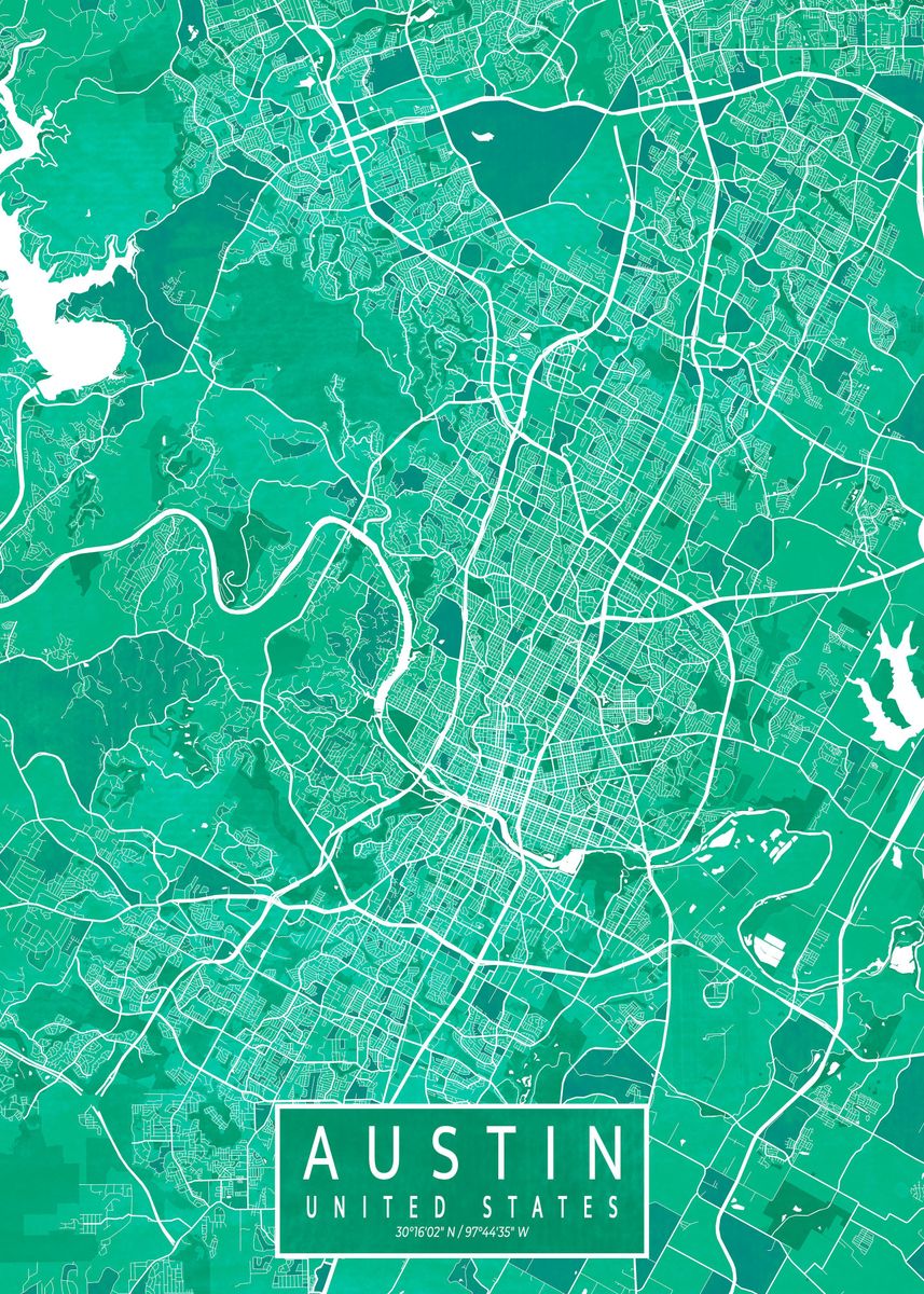 'Austin City Map Watercolor' Poster, picture, metal print, paint by ...