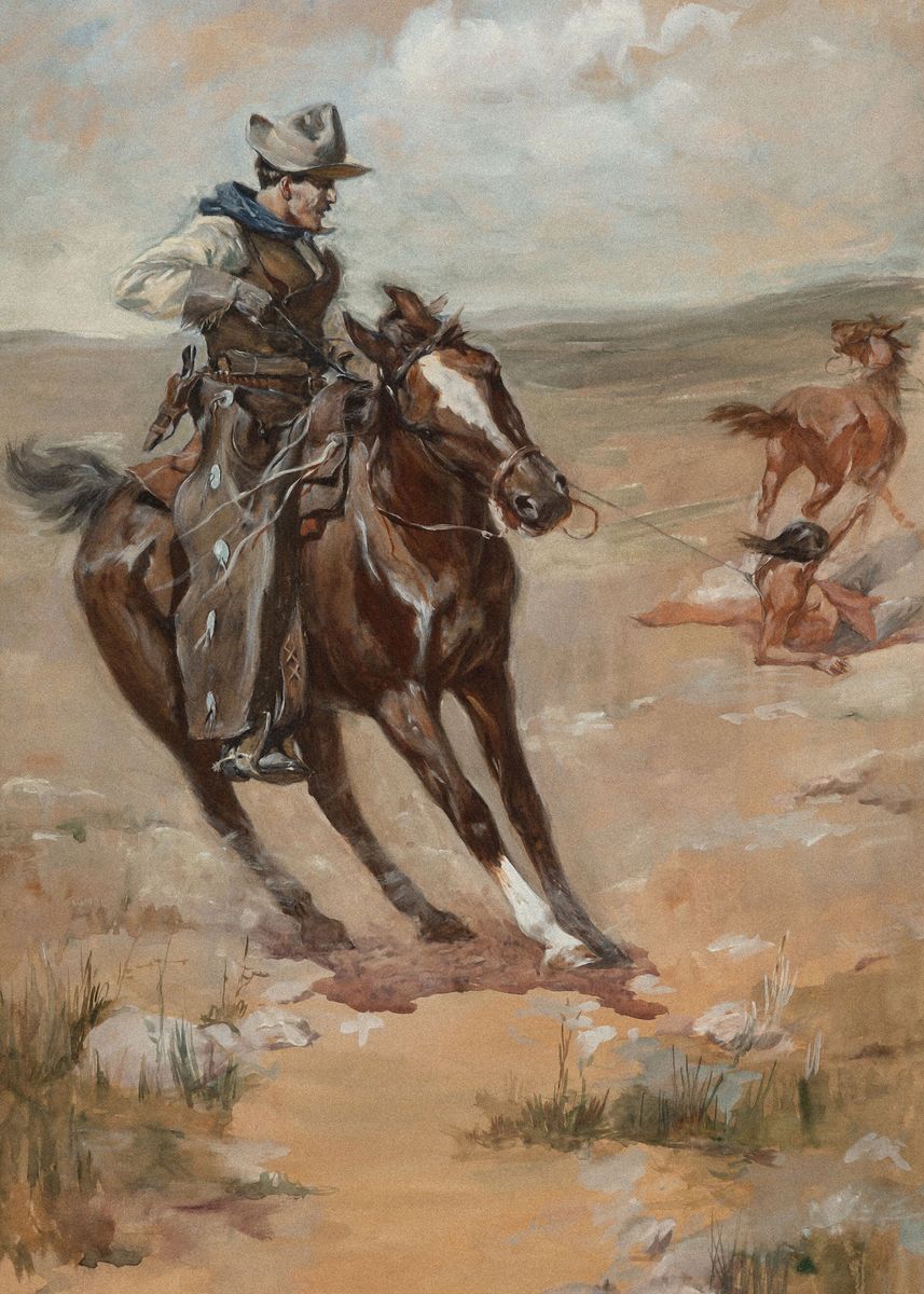 'Cowboy Lassoing Indian ' Poster, picture, metal print, paint by ...