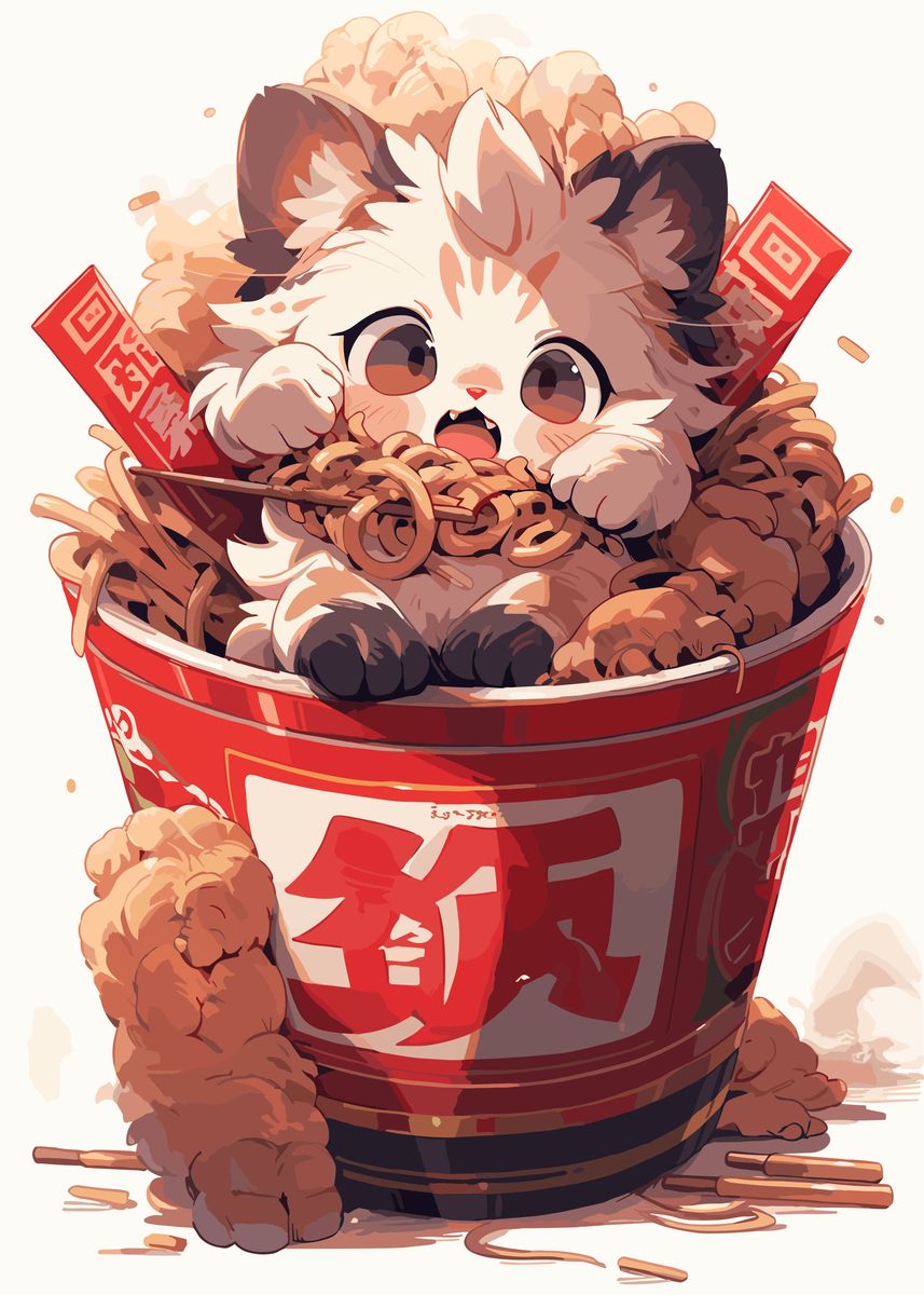 'Cat Ramen Bowl' Poster, picture, metal print, paint by PosterSociety ...