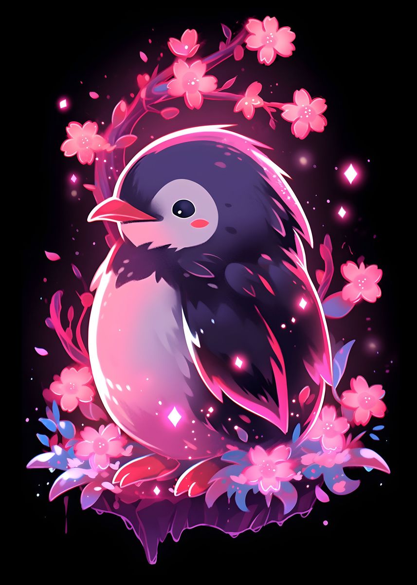 'Shiny Pink Flower Penguin' Poster, picture, metal print, paint by ...