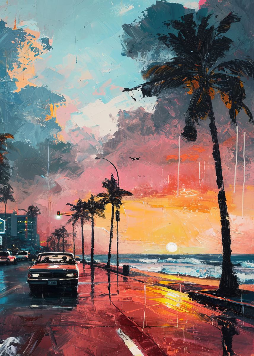 'Beachside Sunset Drive' Poster, picture, metal print, paint by Tollaru ...