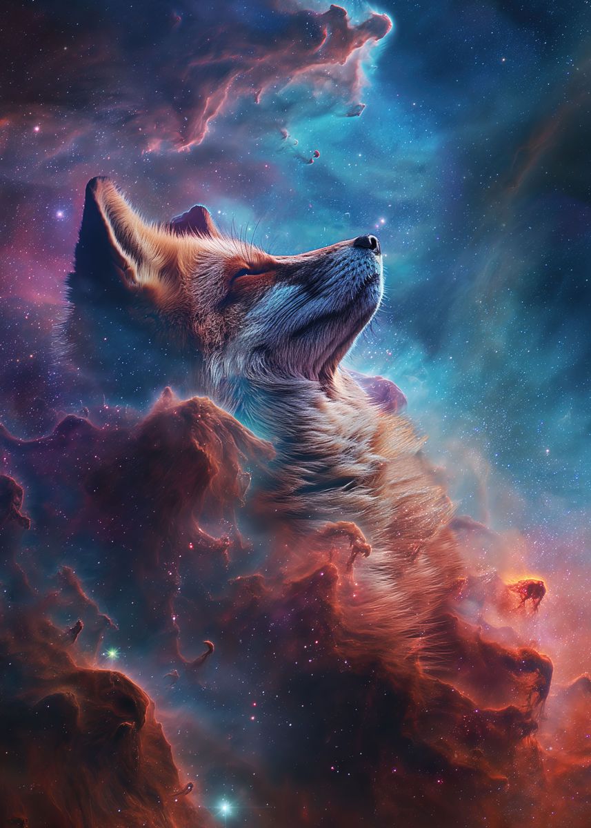 'Cosmic Nebula Fox' Poster, picture, metal print, paint by HyperArt | Displate