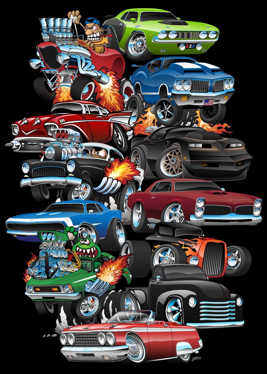 'Car Crazy Cartoon Cars' Poster, picture, metal print, paint by Jeff ...