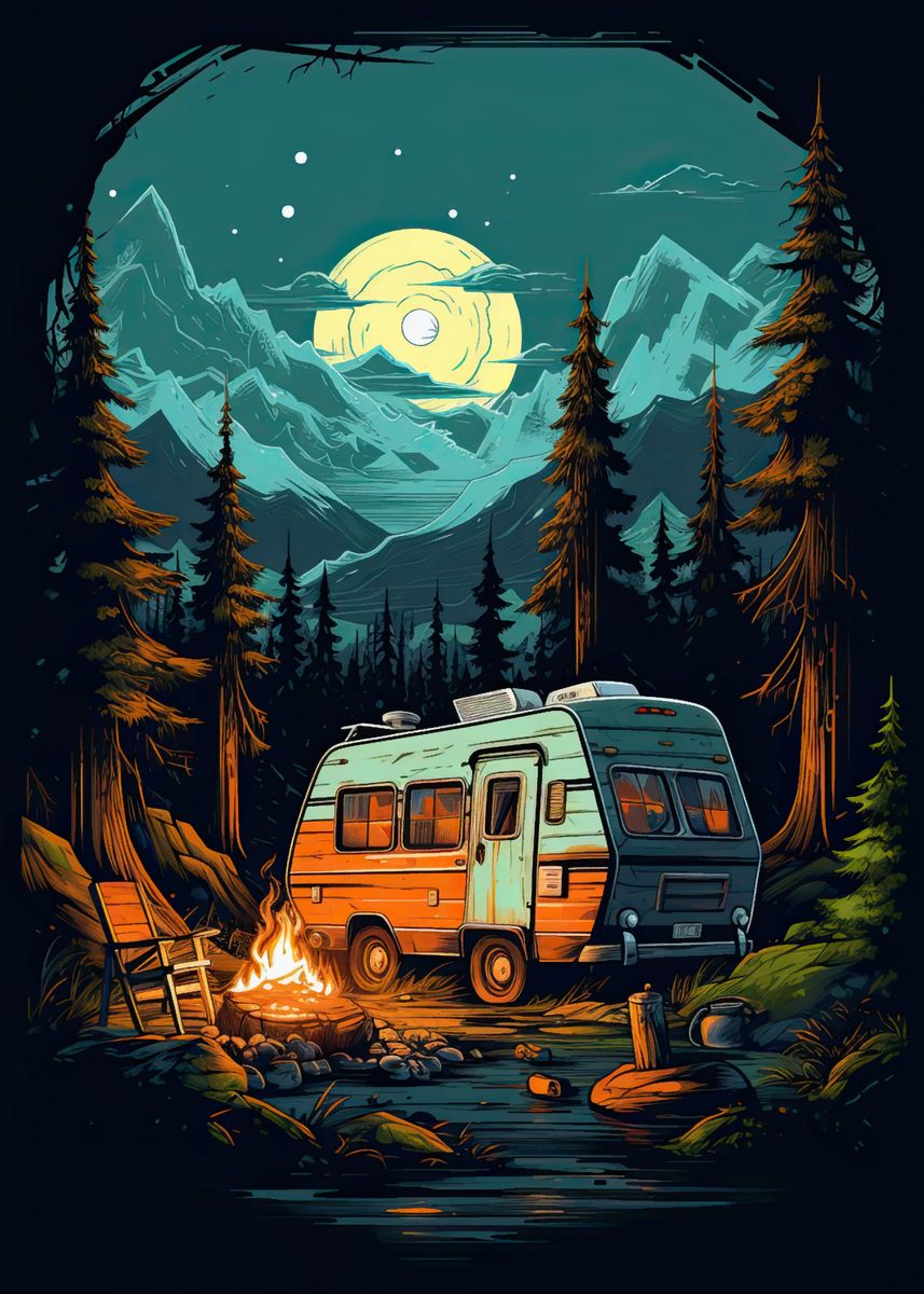 'The Mountain Campfire ' Poster, picture, metal print, paint by Mariano Mayert | Displate