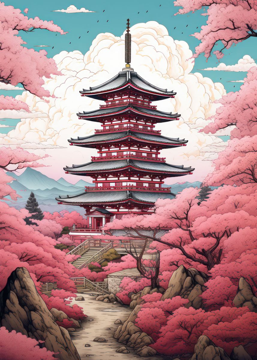 'Japanese Temple' Poster, picture, metal print, paint by Yabuki | Displate