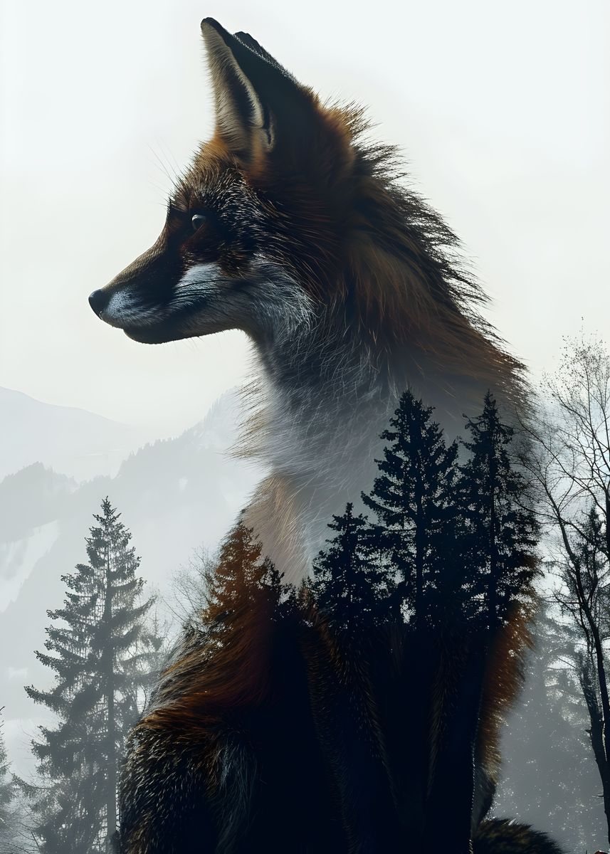 'Fox Double Exposure Forest' Poster, picture, metal print, paint by ...
