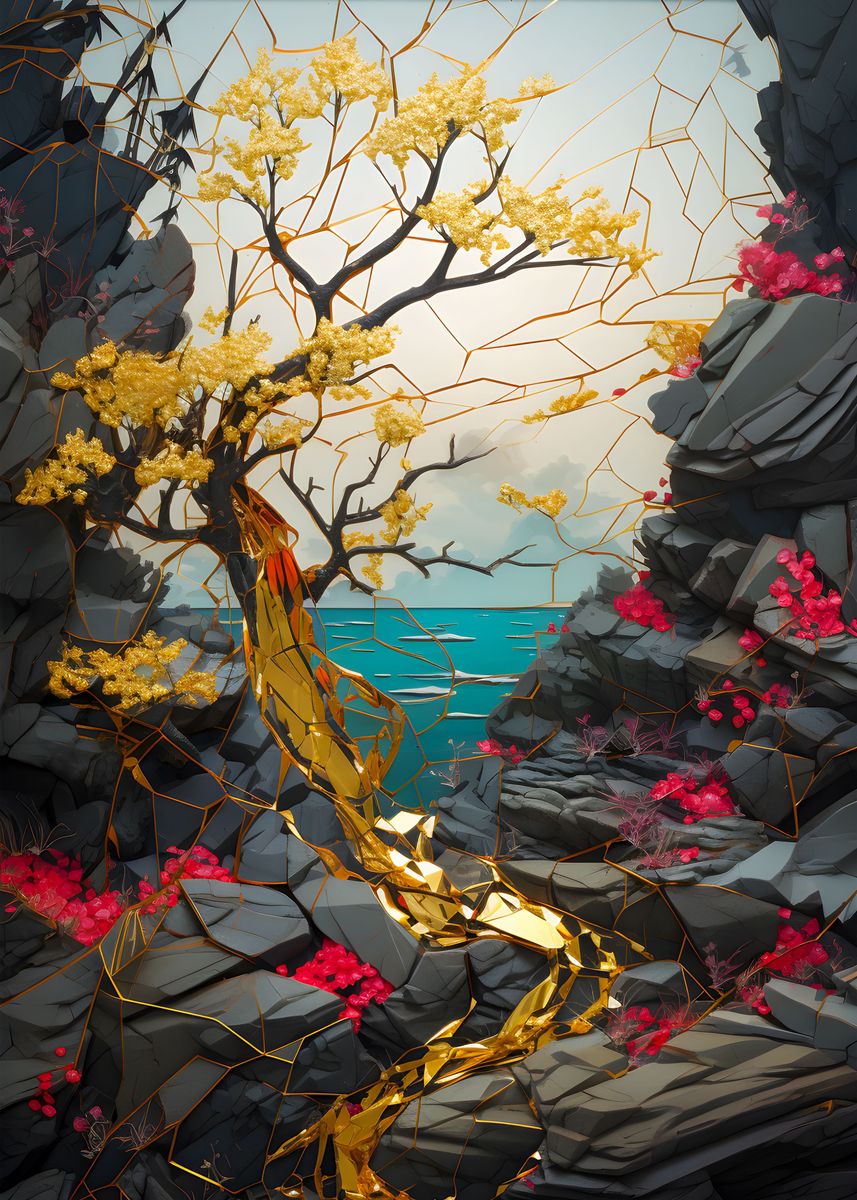'Mountain Tree Kintsugi Art' Poster, picture, metal print, paint by ...