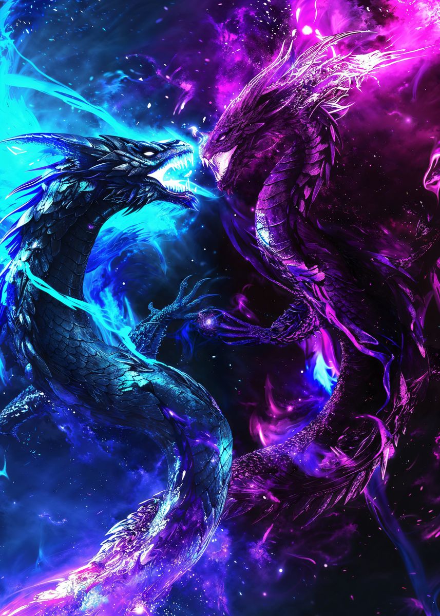 'Cosmic Dragon Battle' Poster, picture, metal print, paint by Pixaverse ...