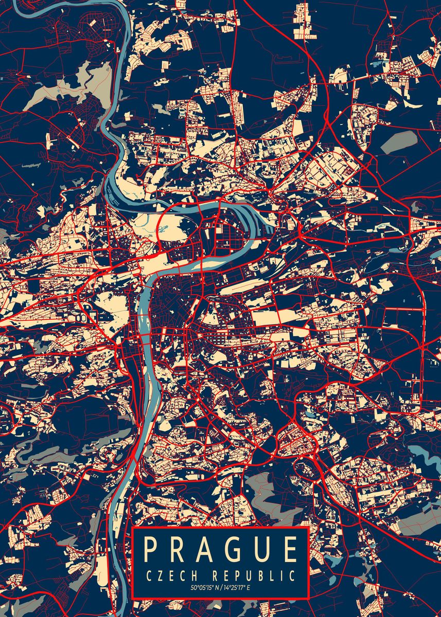 'Prague City Map Hope' Poster, picture, metal print, paint by deMAP Studio | Displate