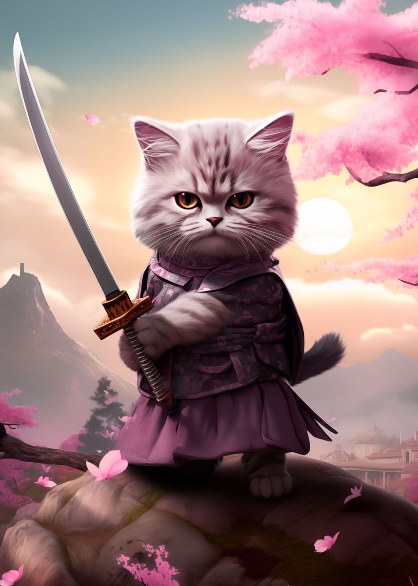 'Kitten Samurai' Poster, picture, metal print, paint by Bloomoon | Displate