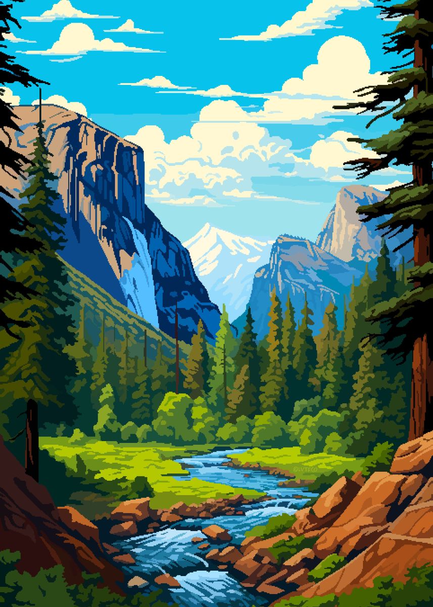 'Yosemite River Pixel Art' Poster, picture, metal print, paint by ...