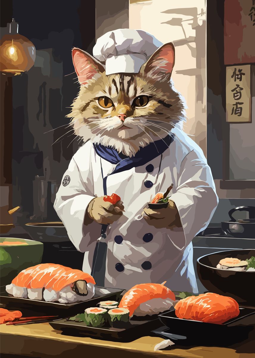 'Sushi Cat Chef Japan' Poster, picture, metal print, paint by Batrisyia ...