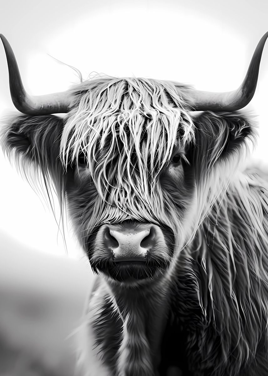 'Grayscale Highland Cow' Poster, picture, metal print, paint by Silvie ...