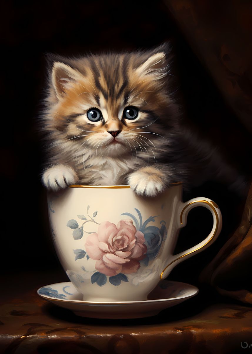 'Cute Cup Cat Kitten' Poster, picture, metal print, paint by Autophil ...