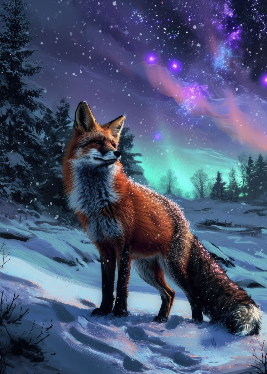 'Red Fox Northern Lights' Poster, picture, metal print, paint by Senja ...