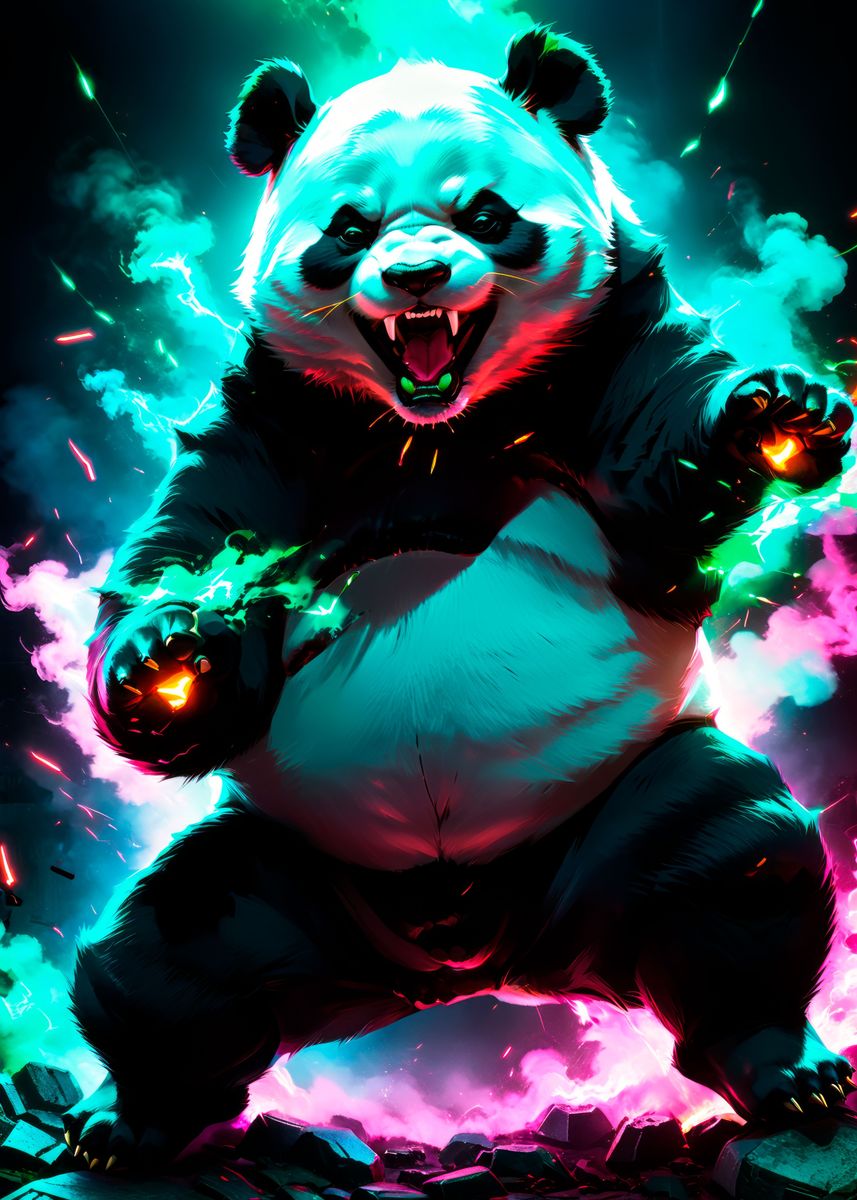 'panda fighting neon ' Poster, picture, metal print, paint by mk studio ...