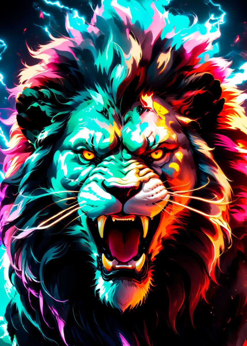 'lion neon light art poster' Poster, picture, metal print, paint by mk ...