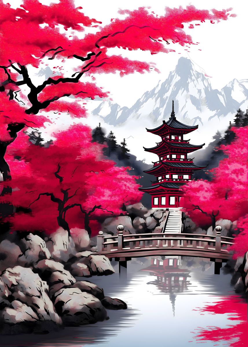 'Japanese Temples Ink Wash' Poster, picture, metal print, paint by ...