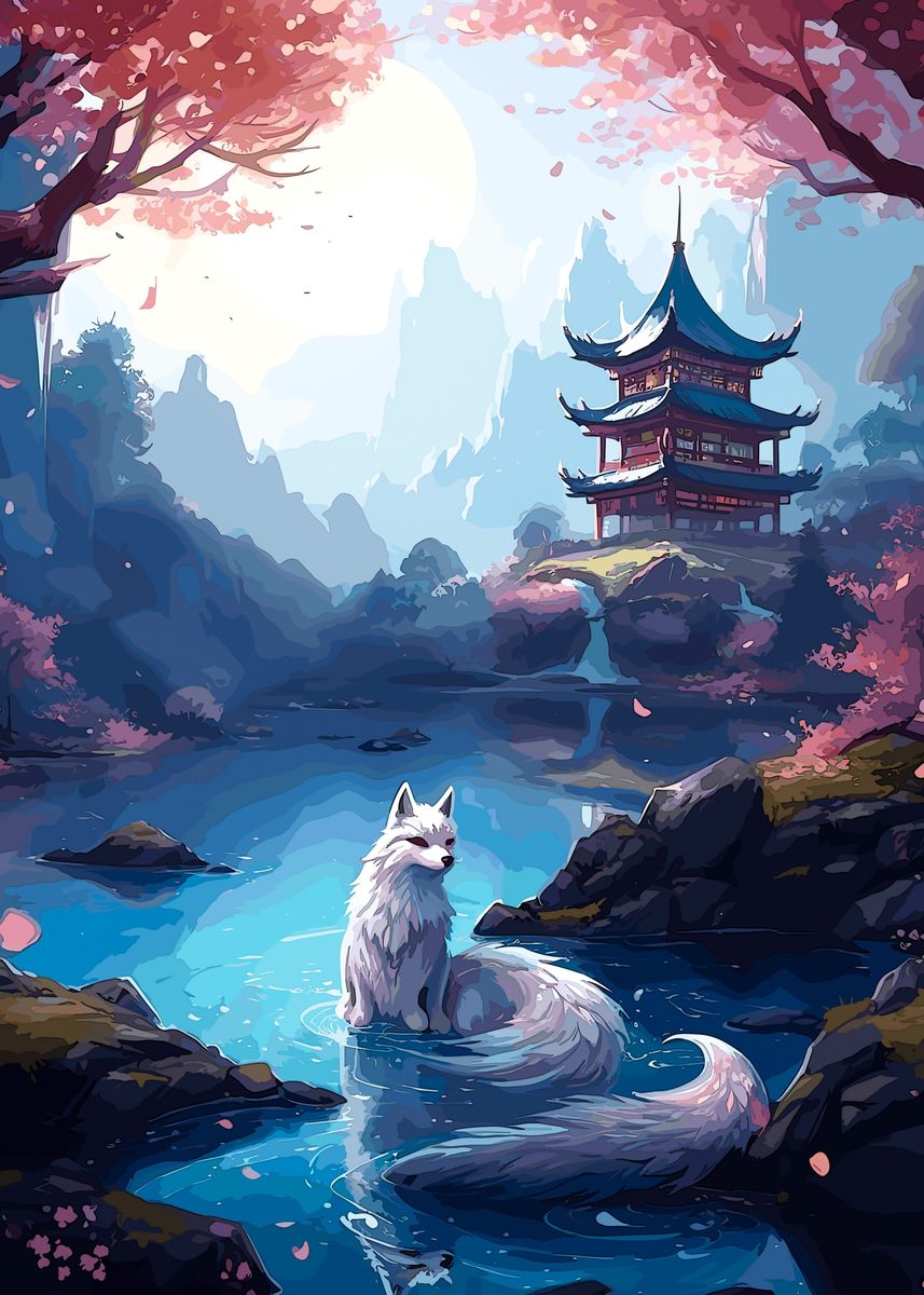 'cherry blossom wolf animal' Poster, picture, metal print, paint by ...