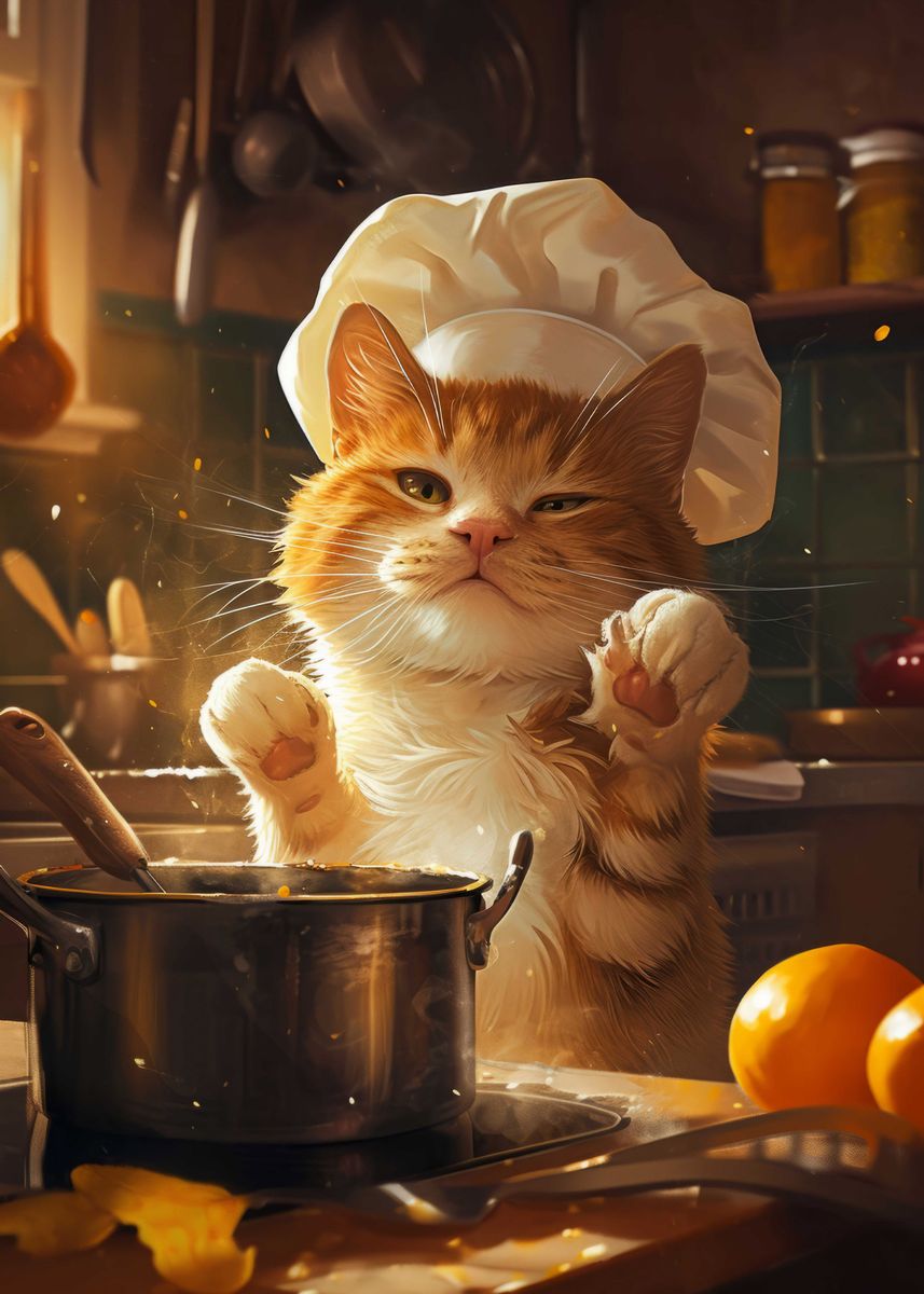 'Chef Cute Cartoon Cat' Poster, picture, metal print, paint by Ray Faye ...