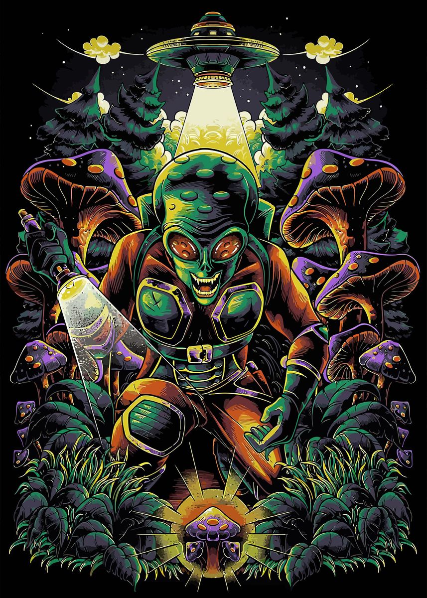 'Mushroom Geeks Alien' Poster, picture, metal print, paint by Keiji ...