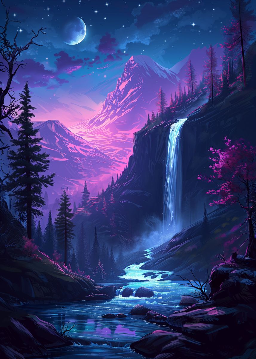 'Nightcore Waterfall ' Poster, picture, metal print, paint by Raphael ...
