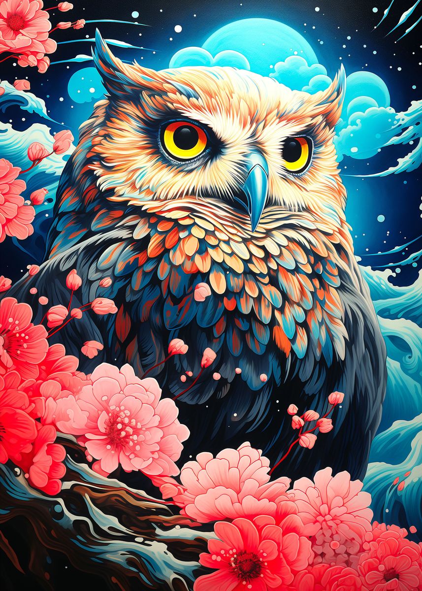 'Japan Floral Owl' Poster, picture, metal print, paint by Sasha Zeped ...