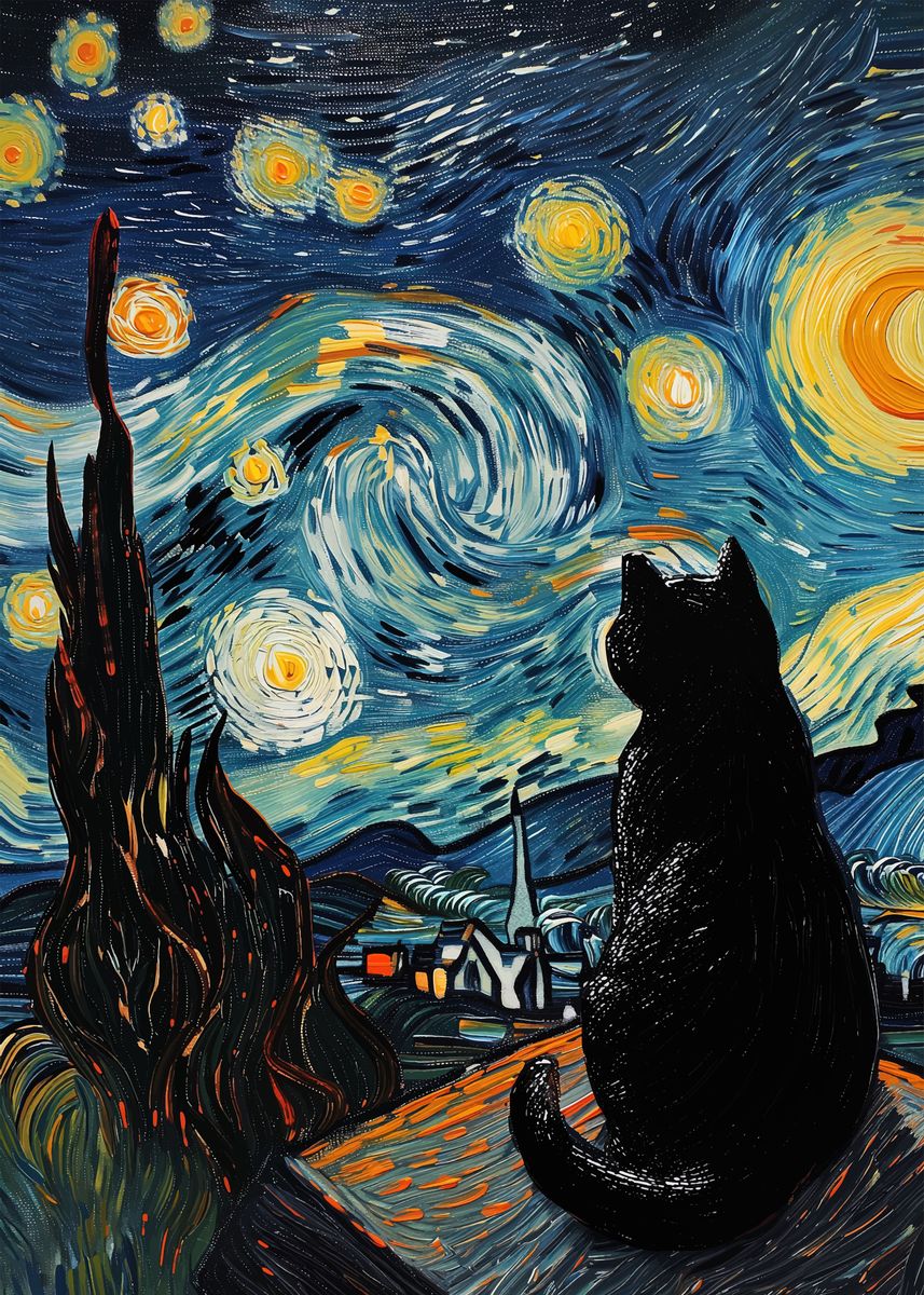 'Starry Cat' Poster, picture, metal print, paint by NOVO Gallery of Art and Design | Displate