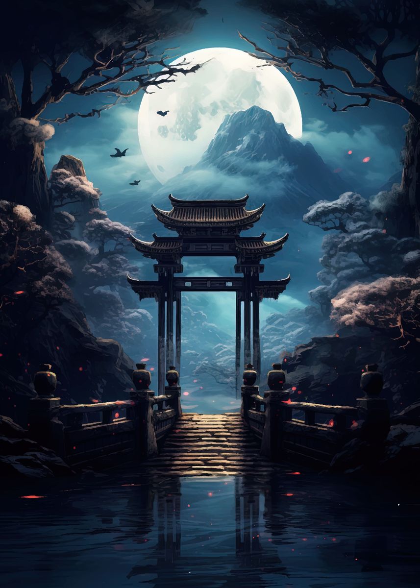 'gate japan moon night' Poster, picture, metal print, paint by Peter Li ...