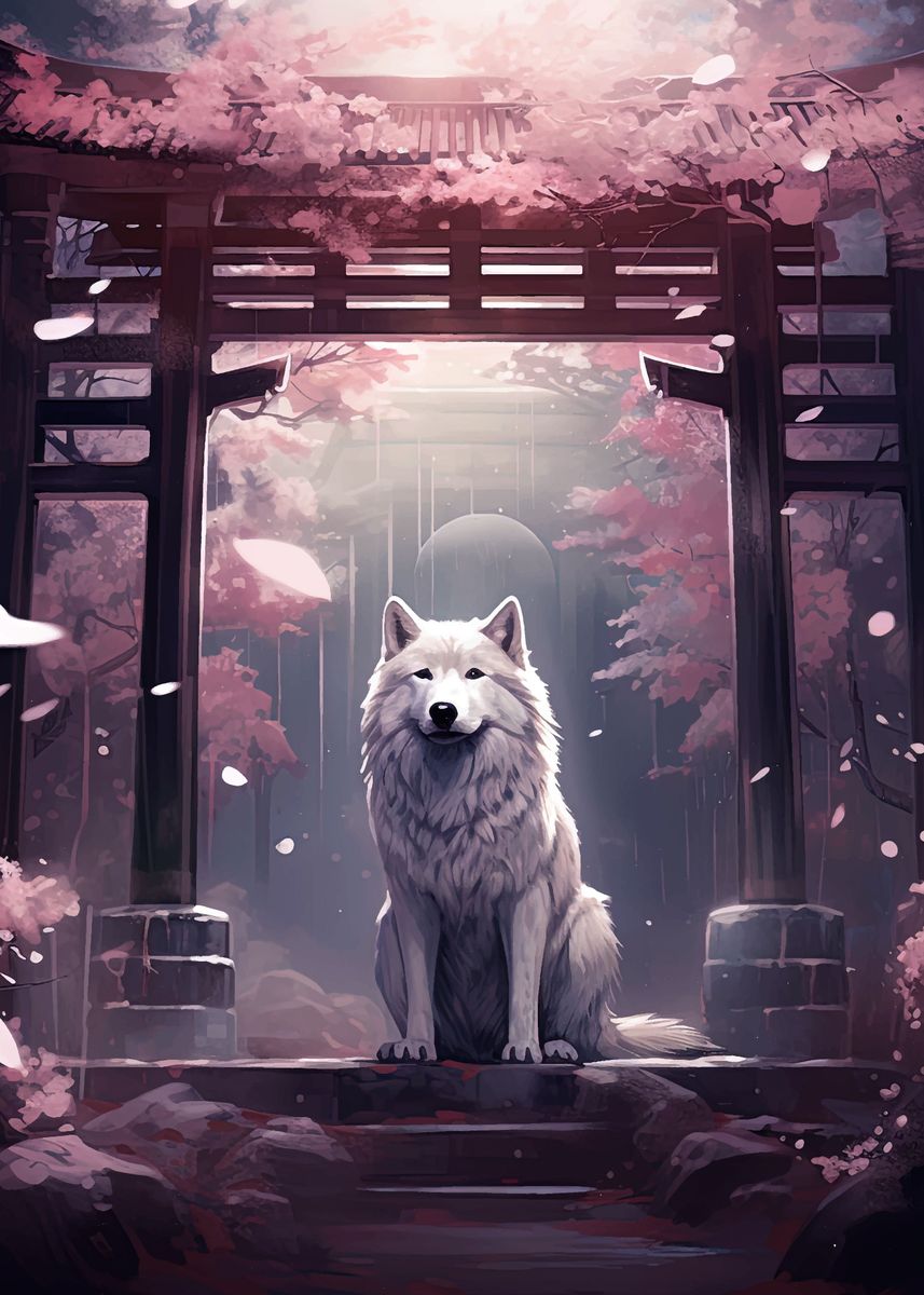 'cherry blossom wolf animal' Poster, picture, metal print, paint by ...