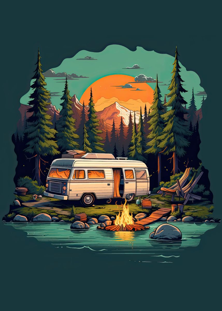 'the mountain campfire ' Poster, picture, metal print, paint by Mariano Mayert | Displate